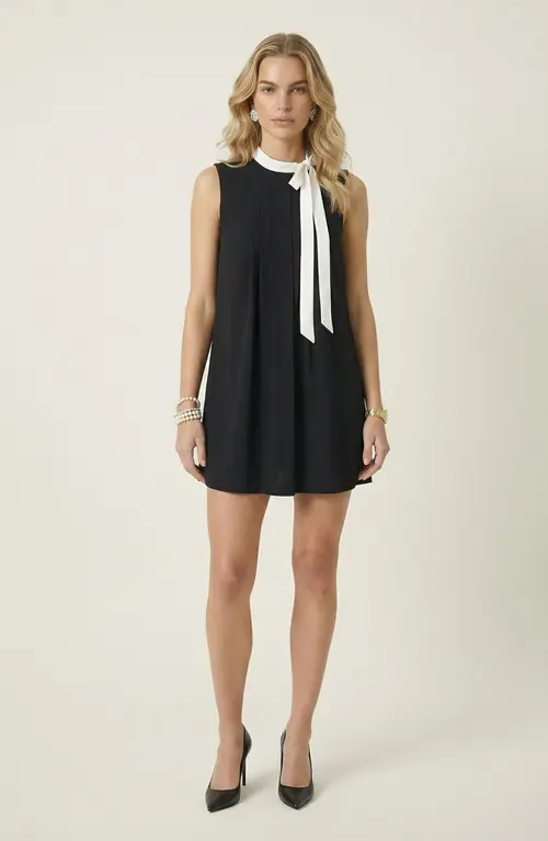 MODENAIRE Sleeveless Shift Dress With Contrast Tie Neck And Pleat Detail - Black/white