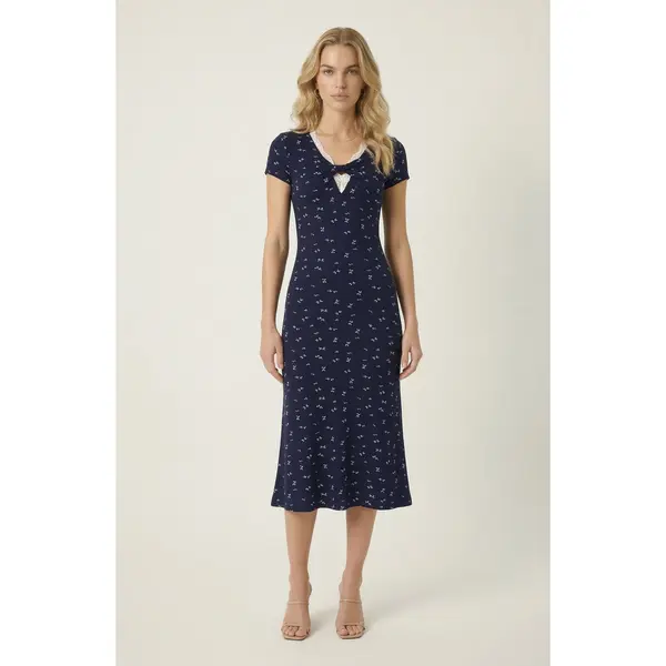 MODENAIRE Floral Twist Front Midi Dress - Navy Blue