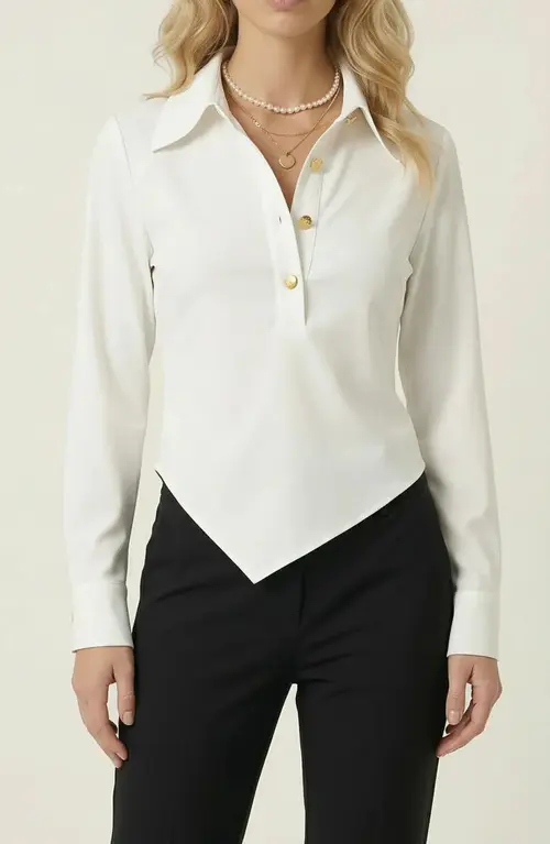 MODENAIRE Collared Button-front Blouse With Asymmetrical Hem - Ivory