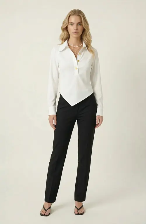 MODENAIRE Collared Button-front Blouse With Asymmetrical Hem