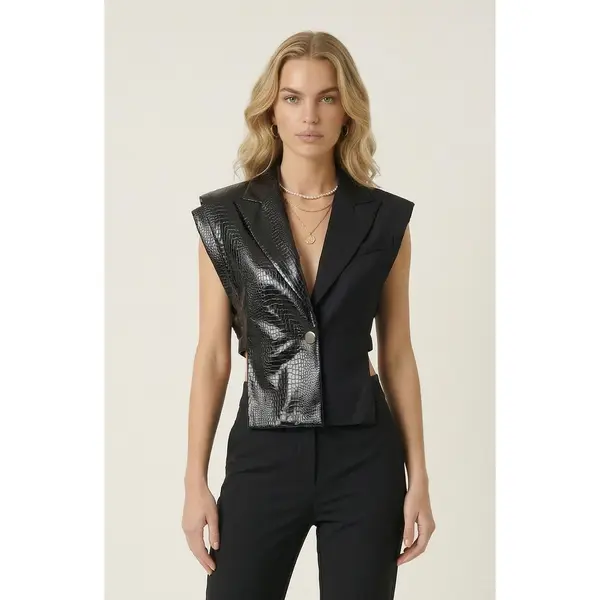 MODENAIRE Mixed Texture Sleeveless Embossed Blazer Top - Black