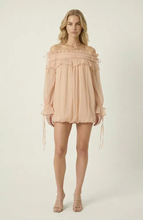 MODENAIRE Off Shoulder Ruffle Mini Dress - Peach