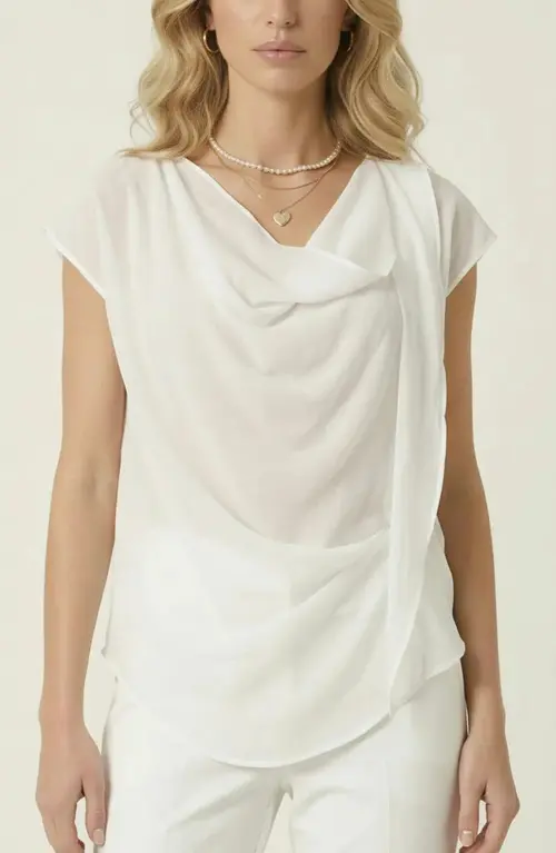 MODENAIRE Draped Cowl Neck Top With Asymmetrical Overlay - Ivory
