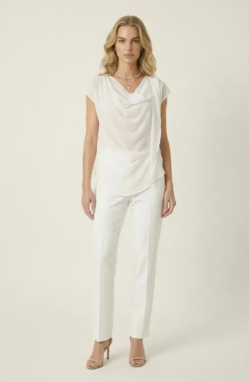 MODENAIRE Draped Cowl Neck Top With Asymmetrical Overlay
