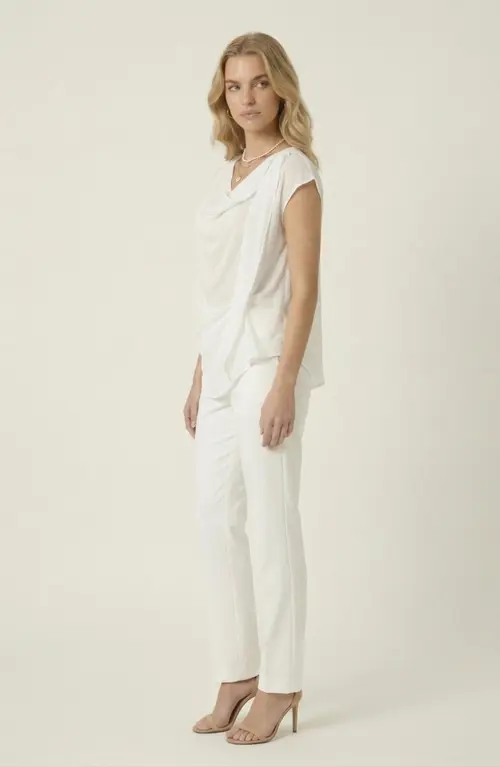 MODENAIRE Draped Cowl Neck Top With Asymmetrical Overlay