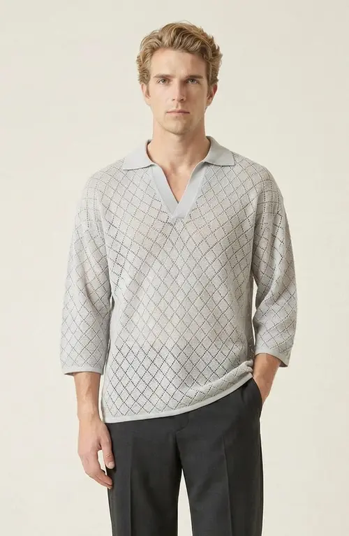MODENAIRE Textured Open Collar Knit Polo Top - Light Grey