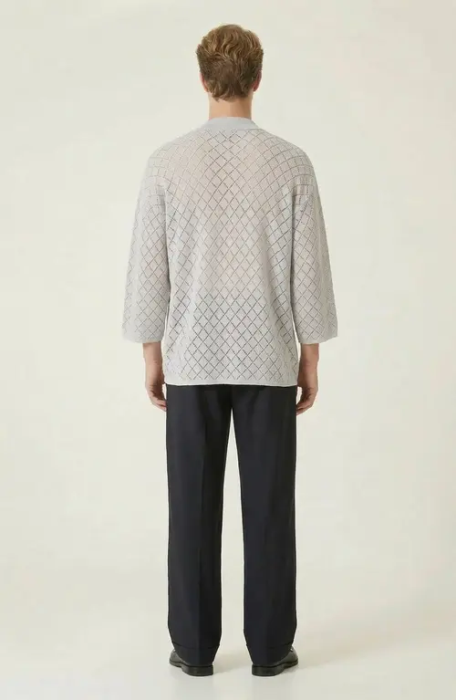 MODENAIRE Textured Open Collar Knit Polo Top - Light Grey