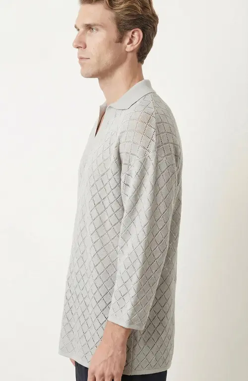 MODENAIRE Textured Open Collar Knit Polo Top - Light Grey