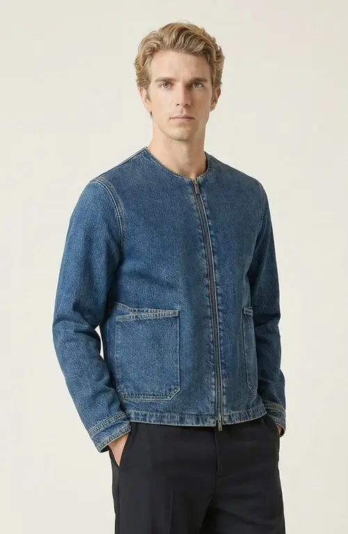 MODENAIRE Denim Zip Front Patch Pocket Jacket - Medium Blue