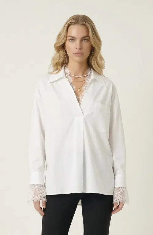 MODENAIRE Lace Trim Collared Blouse - White