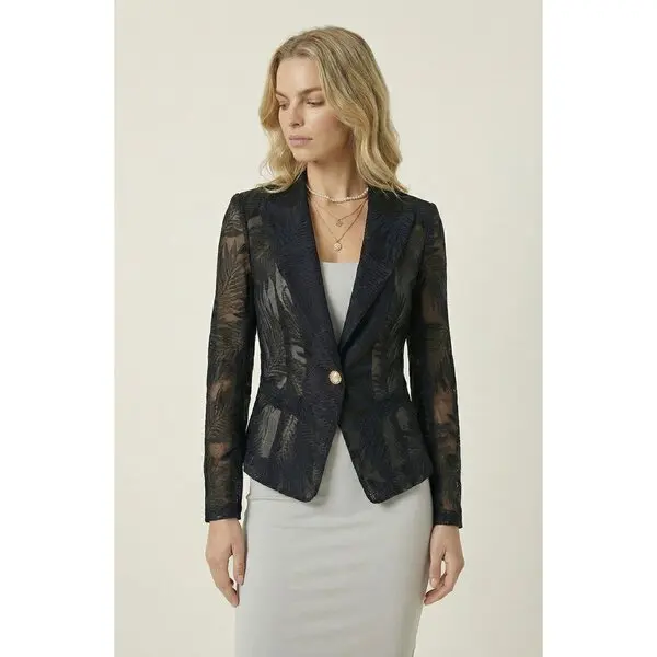 MODENAIRE Sheer Lace Sleeved Tailored Blazer - Navy Blue