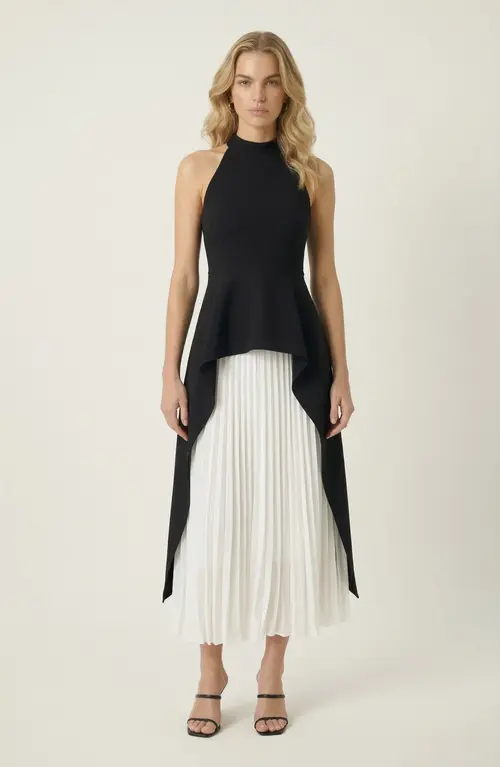 MODENAIRE Halter Neck Asymmetric Layered Dress - Black/white