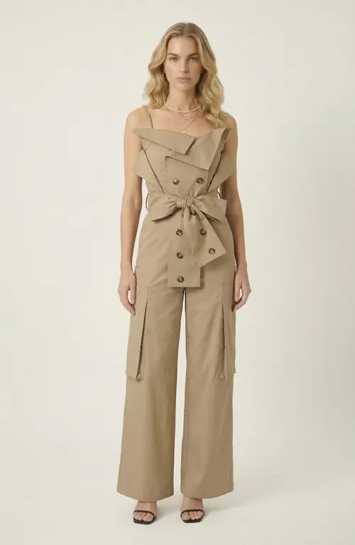 MODENAIRE Off Shoulder Cargo Jumpsuit - Beige