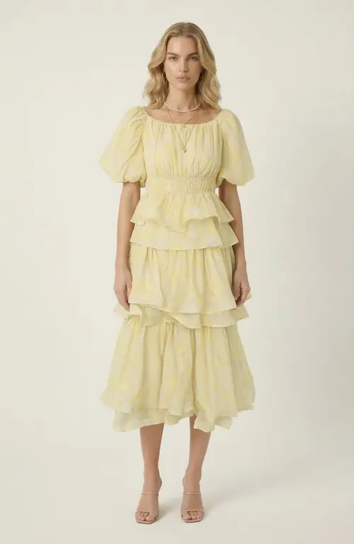 MODENAIRE Puff Sleeve Tiered Ruffle Midi Dress - Pale Yellow