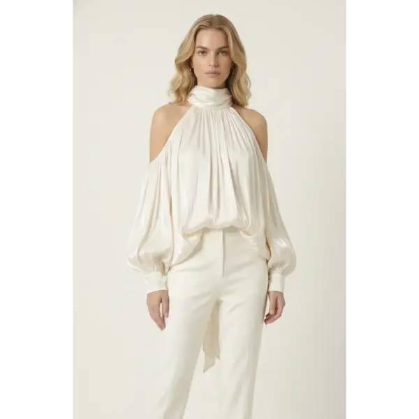 MODENAIRE High Neck Cold Shoulder Satin Blouse