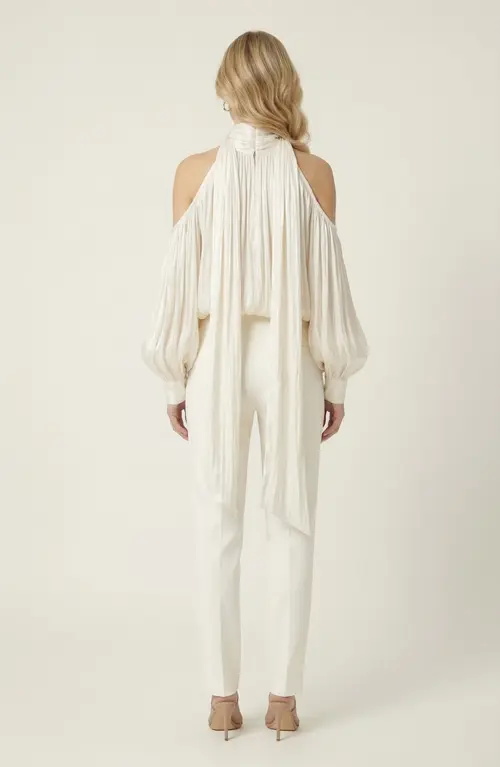 MODENAIRE High Neck Cold Shoulder Satin Blouse
