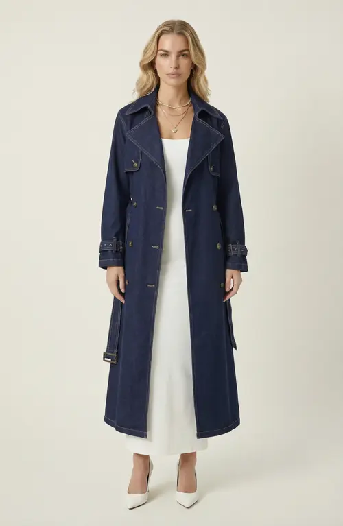 MODENAIRE Denim Trench Coat - Dark Blue
