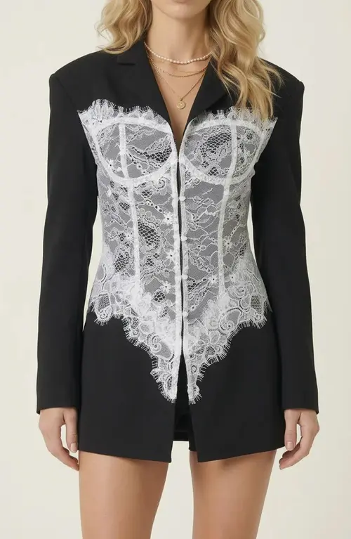 MODENAIRE Lace Corset Detail Blazer - Black/white