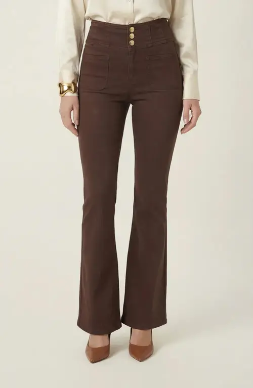 MODENAIRE High-waist Flare Trousers With Button Front - Chocolate Brown