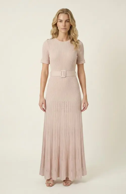 MODENAIRE Ribbed Knit Belted Waist Pleated Midi Dress - Beige