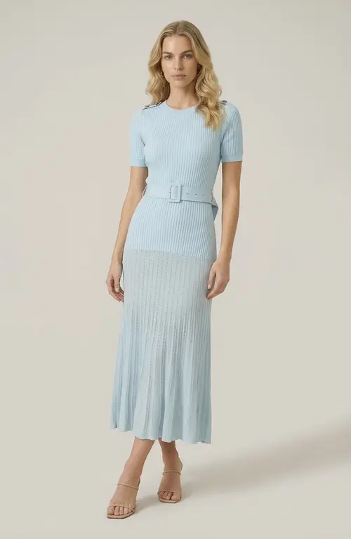 MODENAIRE Ribbed Knit Belted Waist Pleated Midi Dress - Pastel Blue
