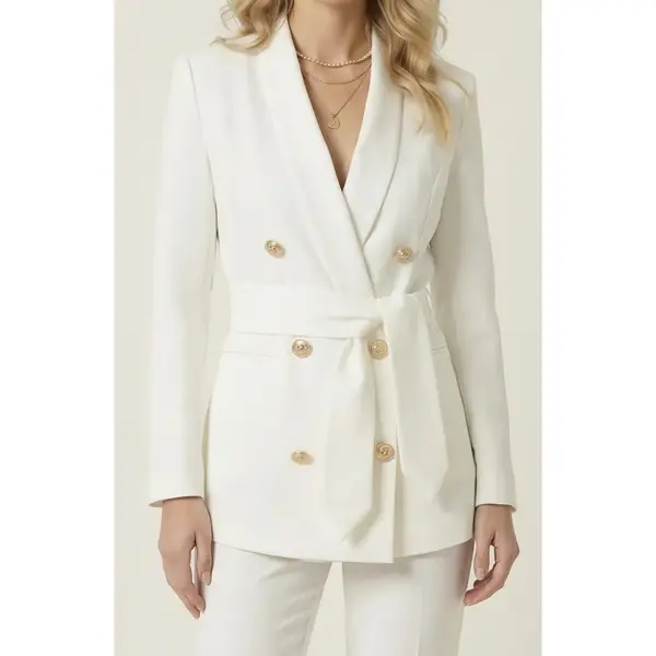 MODENAIRE Double Breasted Blazer With Buttons And Waist Tie Detail - White