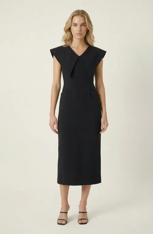 MODENAIRE Wide Collar Midi Sheath Dress - Black