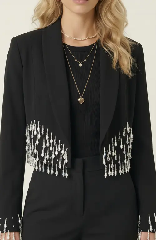 MODENAIRE Beaded Cropped Blazer With Shawl Collar - Black