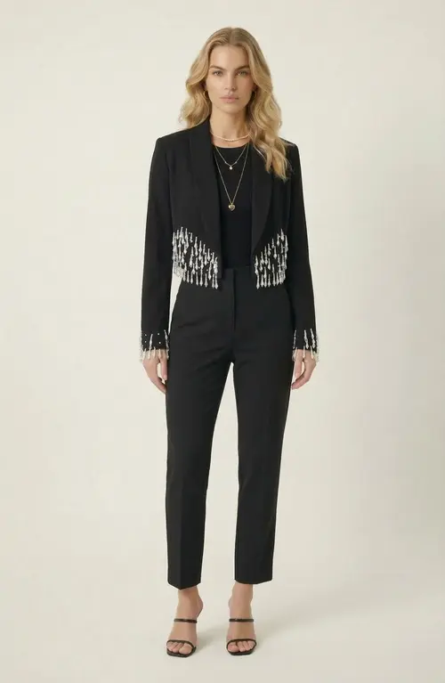 MODENAIRE Beaded Cropped Blazer With Shawl Collar