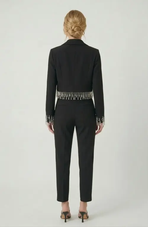 MODENAIRE Beaded Cropped Blazer With Shawl Collar