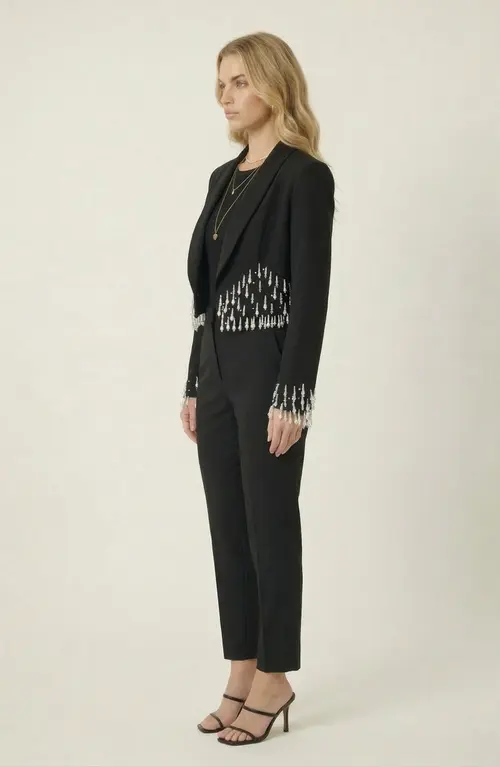 MODENAIRE Beaded Cropped Blazer With Shawl Collar