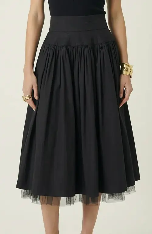 MODENAIRE High Waist Midi Skirt With Tulle Hem - Black