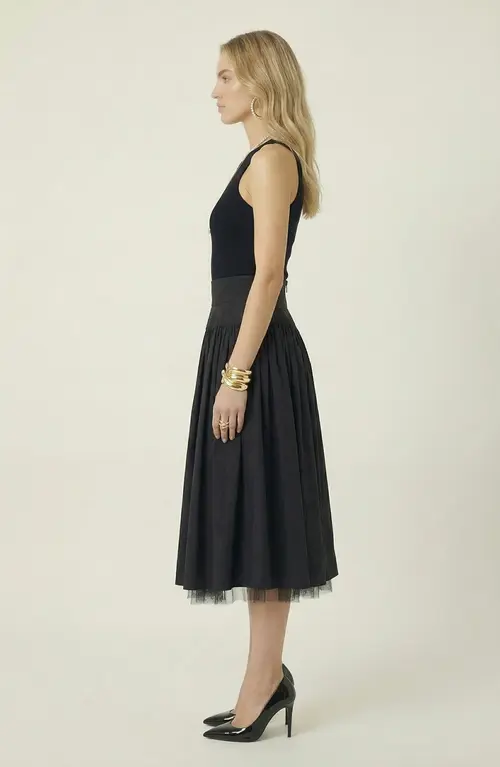 MODENAIRE High-waisted Midi Skirt With Tulle Hem