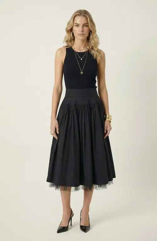 MODENAIRE High Waist Midi Skirt With Tulle Hem