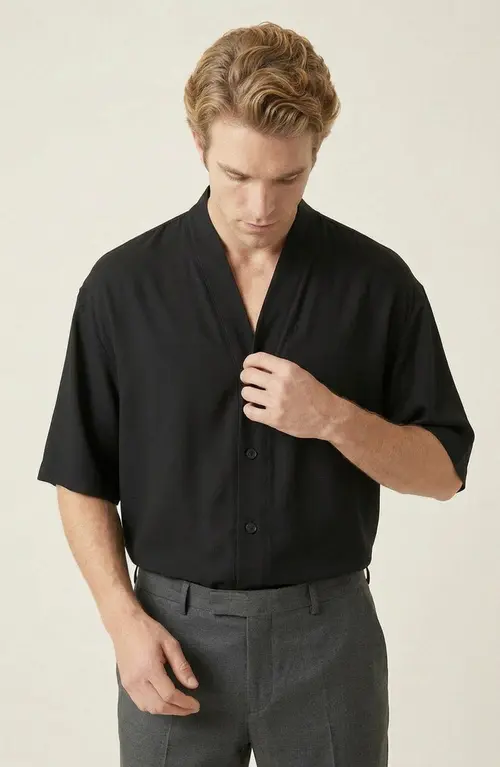 MODENAIRE Band Collar Cotton Shirt
