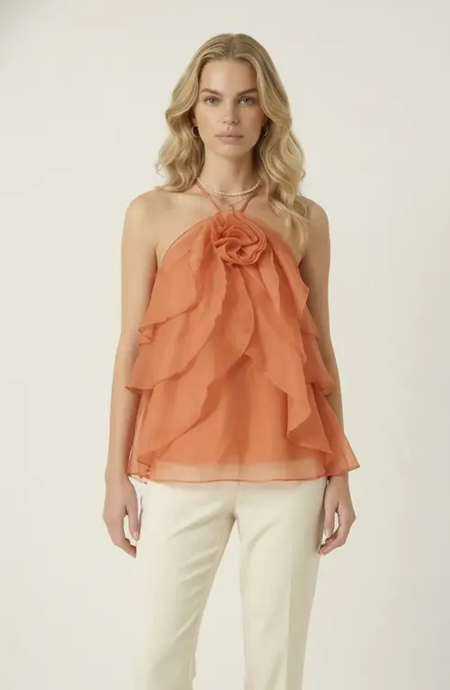 MODENAIRE Halter Ruffle Chiffon Top - Terracotta
