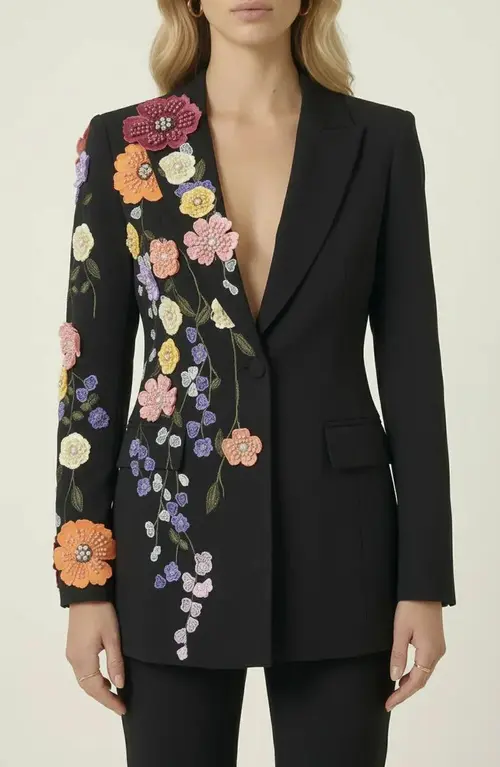 MODENAIRE Floral Embroidered Blazer - Black/multi Floral