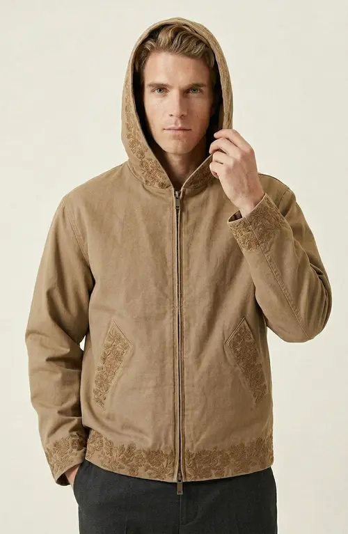 MODENAIRE Embroidered Trim Hooded Jacket - Tan