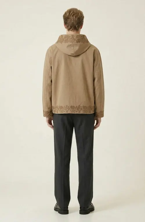 MODENAIRE Embroidered Trim Hooded Jacket - Tan