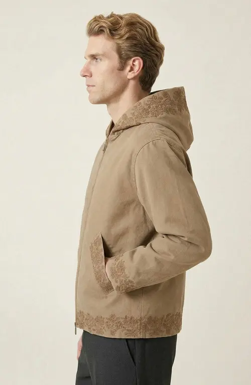 MODENAIRE Embroidered Trim Hooded Jacket - Tan