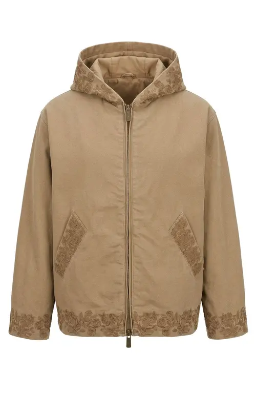 MODENAIRE Embroidered Trim Hooded Jacket - Tan