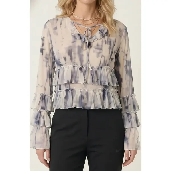 MODENAIRE Ruffle Blouse With Tie Neck Detail - Cream/charcoal