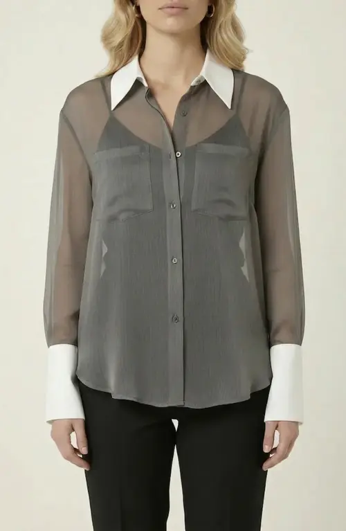 MODENAIRE Sheer Button-up Blouse With Contrast Details - Charcoal Grey