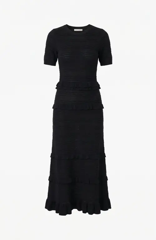 MODENAIRE Textured Knit Midi Dress With Ruffle Trim - Black