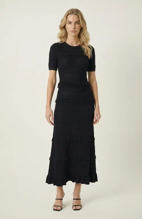 MODENAIRE Textured Knit Midi Dress With Ruffle Trim