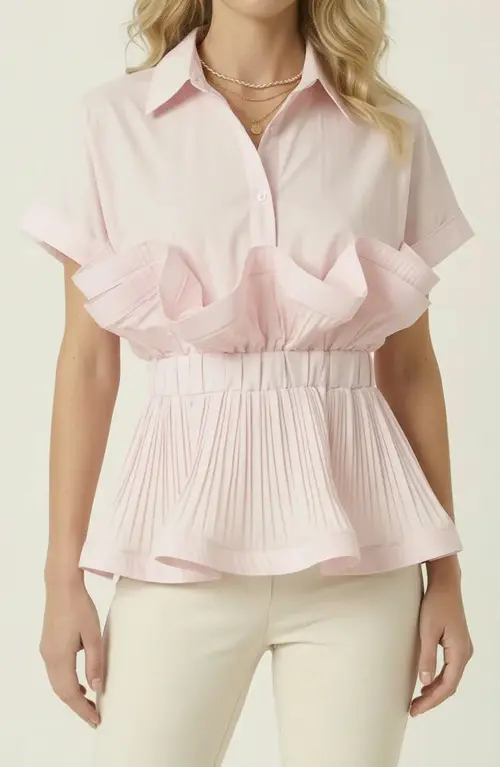 MODENAIRE Ruffle Peplum Blouse - Pale Pink