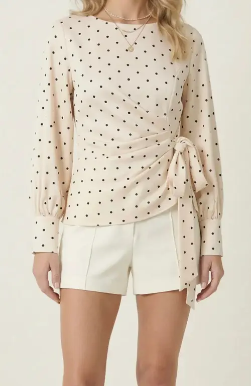 MODENAIRE Polka Dot Wrap Top - Beige With Black Polka Dots