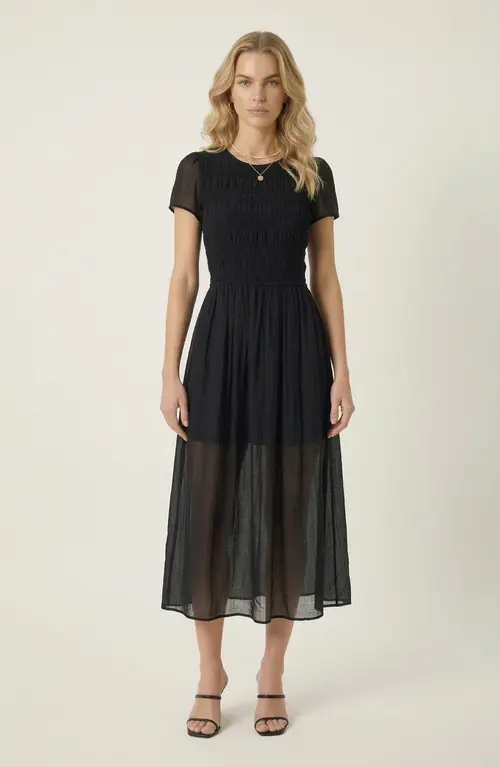 MODENAIRE Sheer Overlay Midi Dress With Smocked Bodice - Black