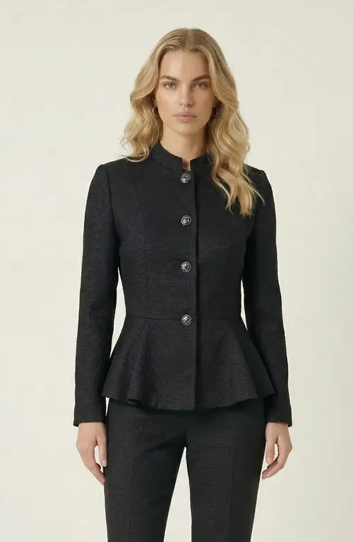 MODENAIRE Textured Round Neck Peplum Blazer - Black
