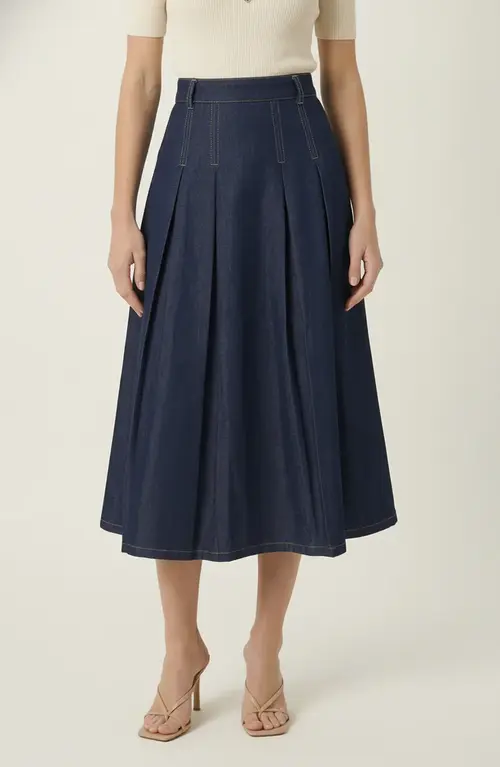 MODENAIRE High-waist Pleated A-line Midi Skirt - Navy Blue